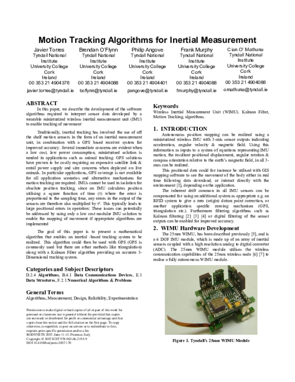 (PDF) Motion tracking algorithms for inertial measurement