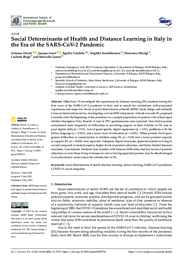 (PDF) Social Determinants of Health and Distance Learning in Italy in ...