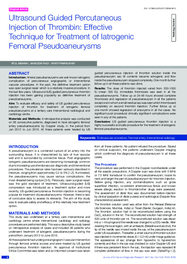 (PDF) Ultrasound Guided Percutaneous Injection of Thrombin: Effective ...