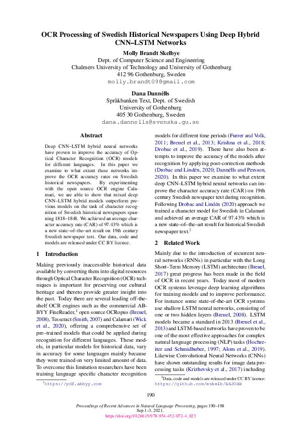 (PDF) OCR Processing of Swedish Historical Newspapers Using Deep Hybrid CNN–LSTM Networks