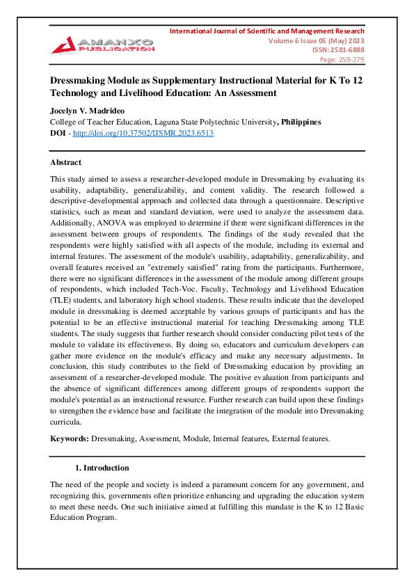 (PDF) Dressmaking Module as Supplementary Instructional Material for K To 12 Technology and ...