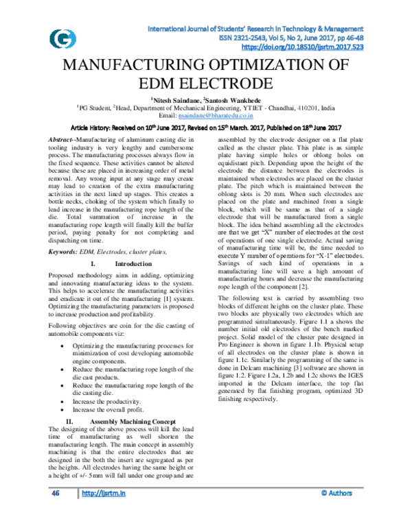 (PDF) Manufacturing Optimization of Edm Electrode | Santosh Wankhede - Academia.edu