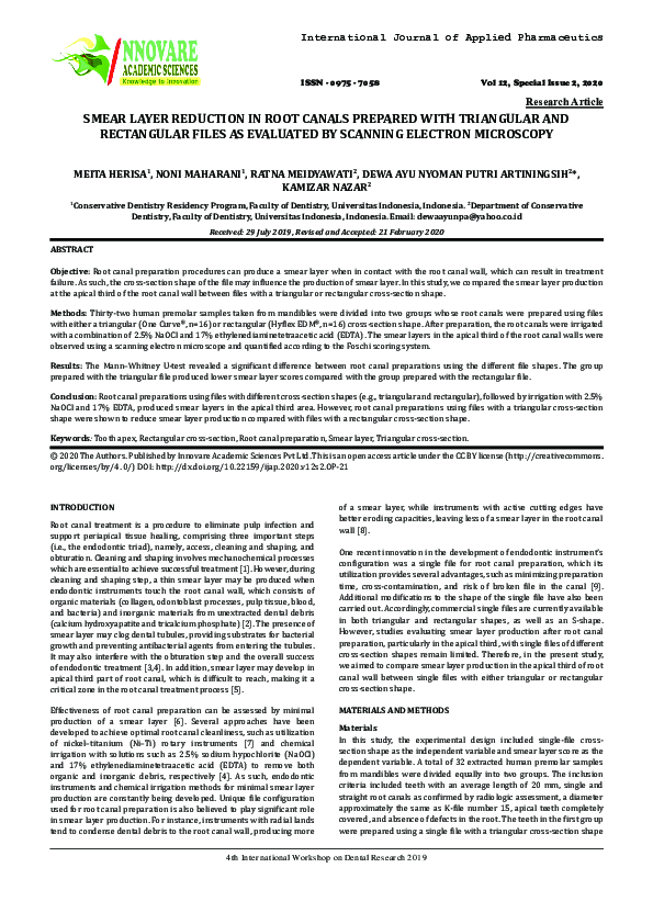 (PDF) SMEAR LAYER REDUCTION IN ROOT CANALS PREPARED WITH TRIANGULAR AND ...