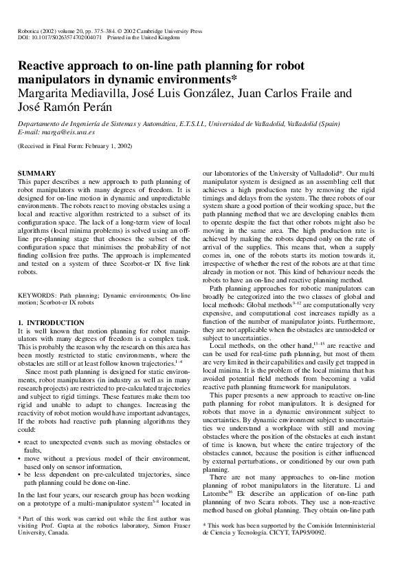 Pdf Reactive Approach To On Line Path Planning For Robot Manipulators In Dynamic Environments