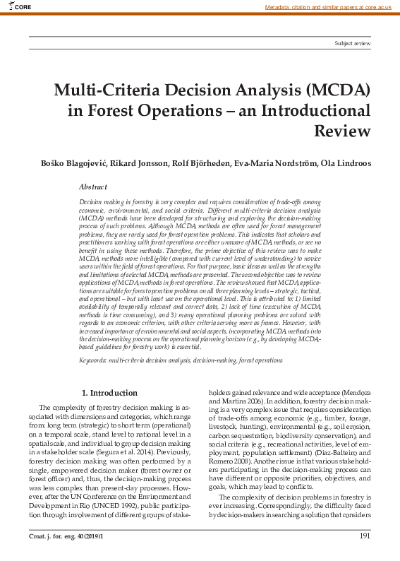 (PDF) Multi-Criteria Decision Analysis (MCDA) in Forest Operations – an Introductional Review