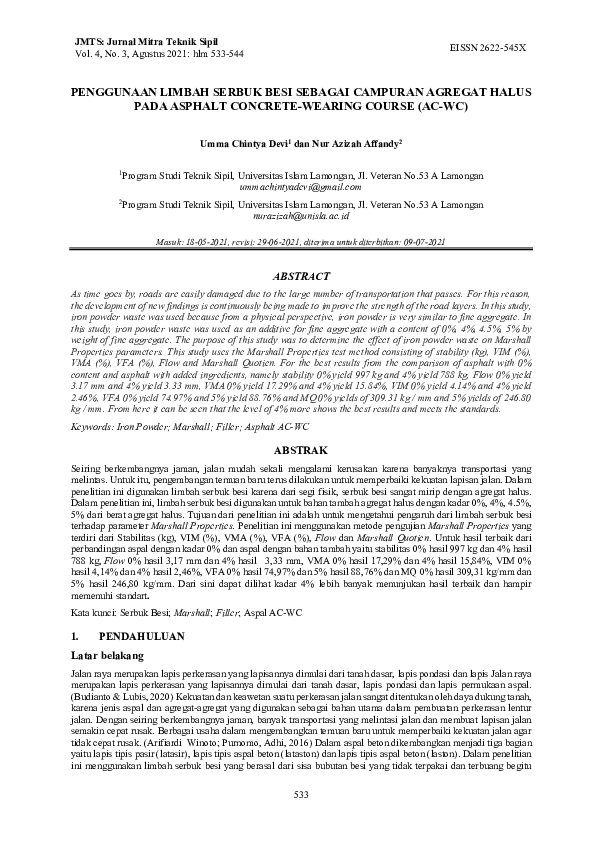 (PDF) Penggunaan Limbah Serbuk Besi Sebagai Campuran Agregat Halus Pada ...