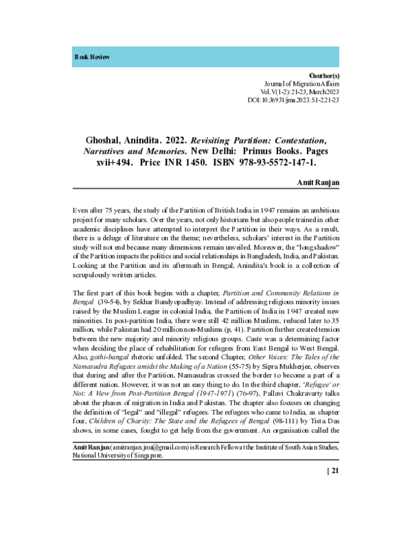 (PDF) Ghoshal, Anindita. 2022. Revisiting Partition: Contestation ...