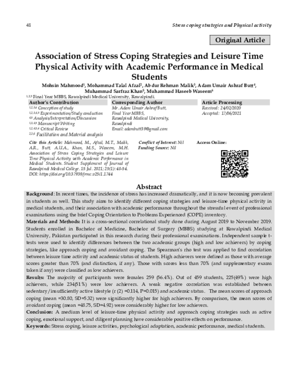 (PDF) Association of Stress Coping Strategies and Leisure Time Physical ...