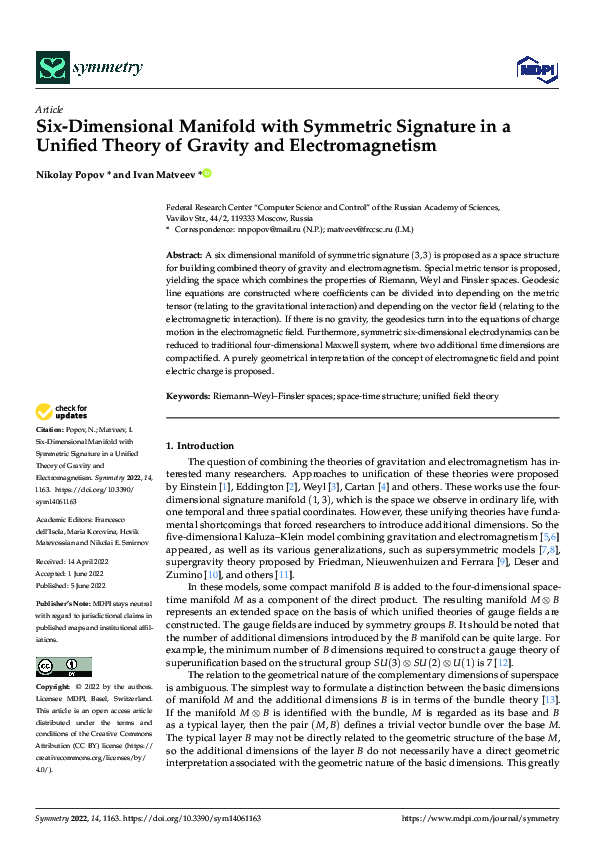 (PDF) Six-Dimensional Manifold with Symmetric Signature in a Unified ...