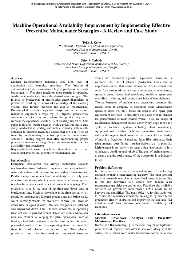 (PDF) Machine Operational Availability Improvement by Implementing ...