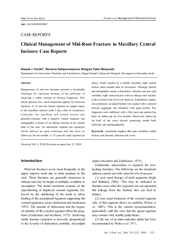 (PDF) Clinical Management of Mid‐Root Fracture in Maxillary Central Incisors: Case Reports ...