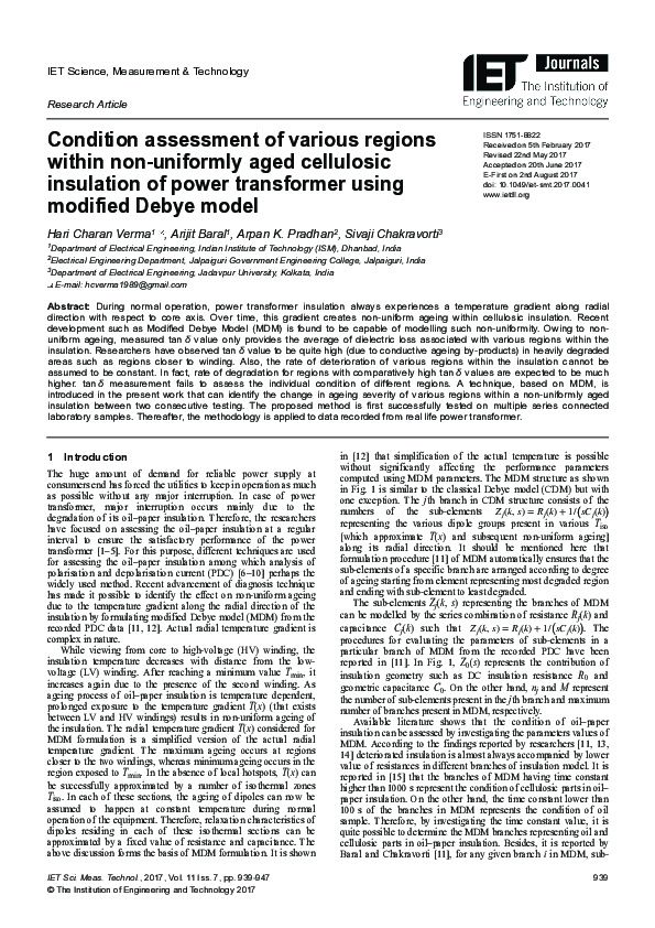 Pdf Condition Assessment Of Various Regions Within Non‐uniformly Aged Cellulosic Insulation Of