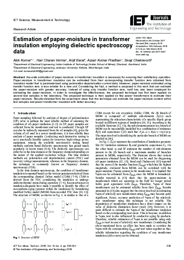 (PDF) Estimation of paper‐moisture in transformer insulation employing ...