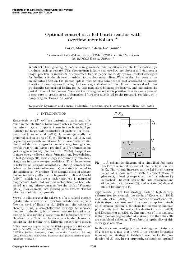 Pdf Optimal Control Of A Fed Batch Reactor With Overflow Metabolism