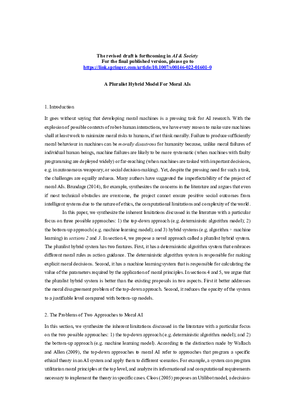 (PDF) A pluralist hybrid model for moral AIs
