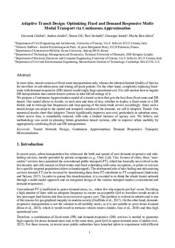 (PDF) Adaptive Transit Design: Optimizing Multi-Modal Transport