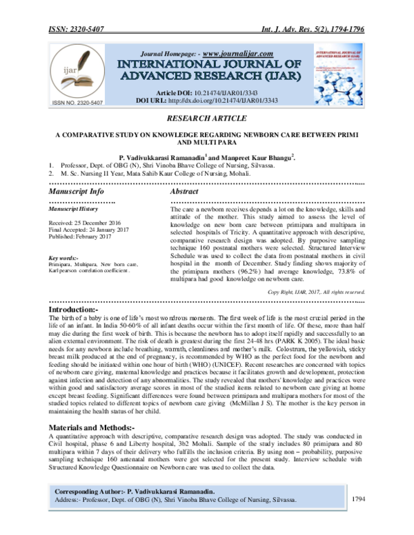 (PDF) A Comparative Study on Knowledge Regarding Newborn Care Between ...