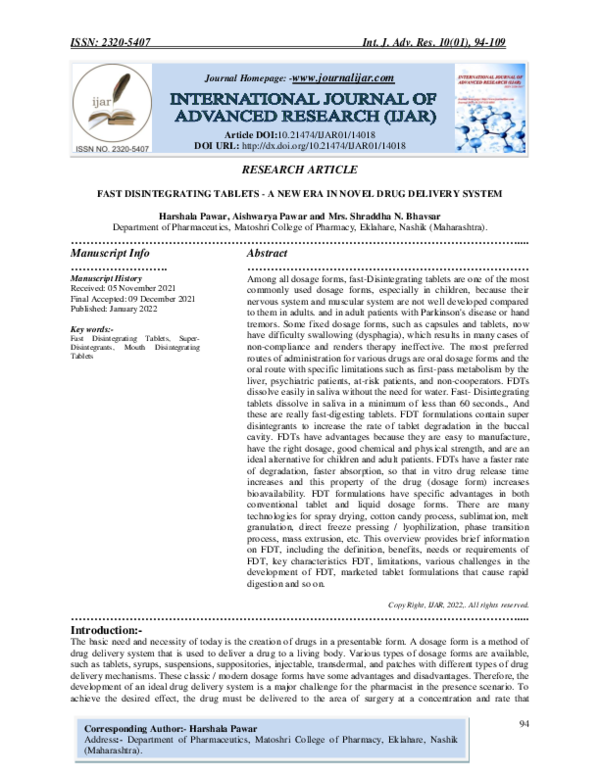 (PDF) Fast Disintegrating Tablets - a New Era in Novel Drug Delivery System