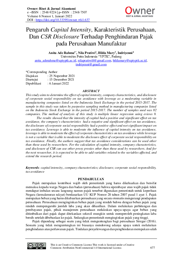 (PDF) Pengaruh Capital Intensity, Karakteristik Perusahaan, Dan CSR Disclosure Terhadap ...