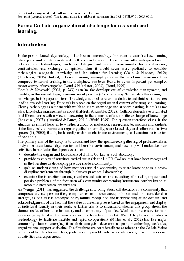 (PDF) Parma Co-Lab: organizational challenge for research and learning ...