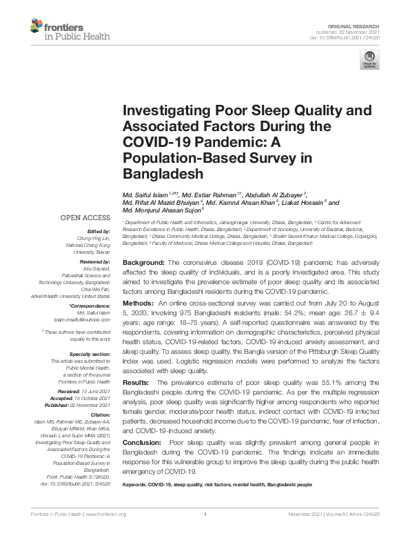 (PDF) Investigating Poor Sleep Quality and Associated Factors During the COVID-19 Pandemic: A ...