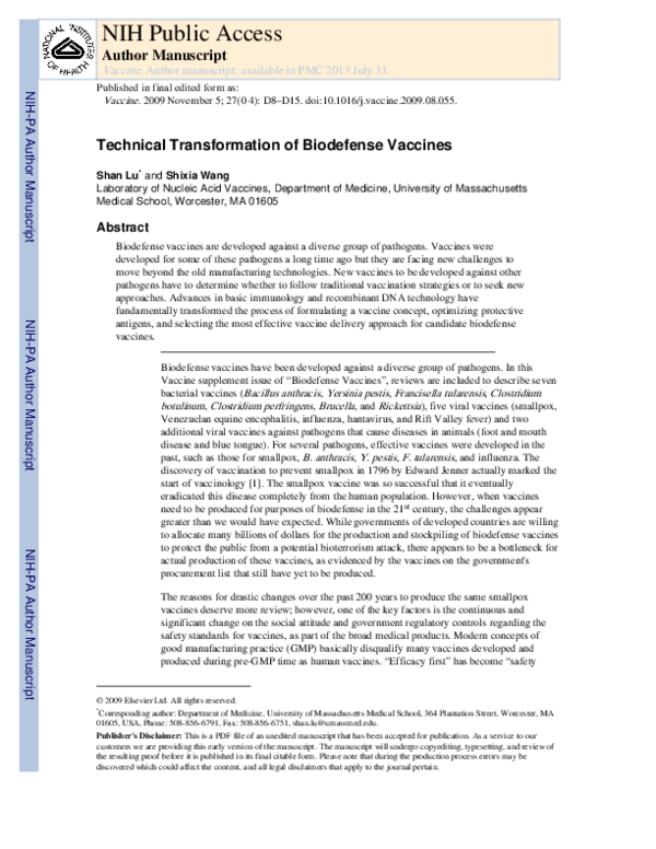 (PDF) Technical transformation of biodefense vaccines