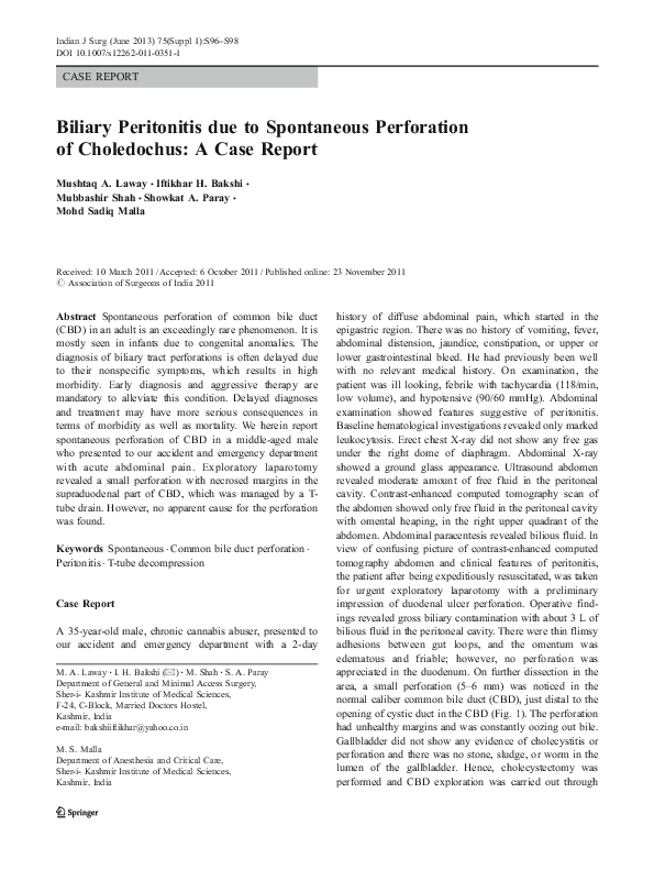 (PDF) Biliary Peritonitis due to Spontaneous Perforation of Choledochus ...