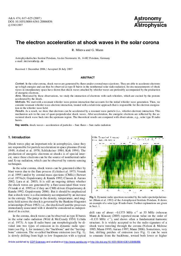 (PDF) The electron acceleration at shock waves in the solar corona