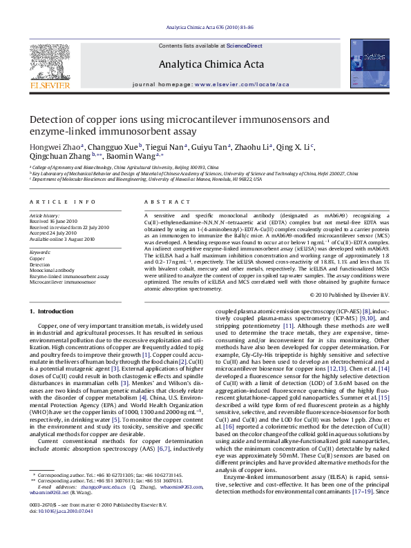 (PDF) Detection of copper ions using microcantilever immunosensors and ...