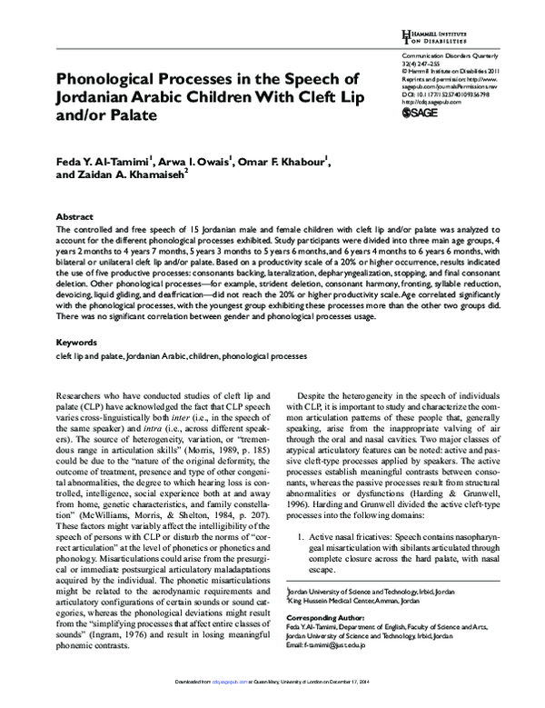 (PDF) Phonological Processes in the Speech of Jordanian Arabic Children With Cleft Lip and/or Palate
