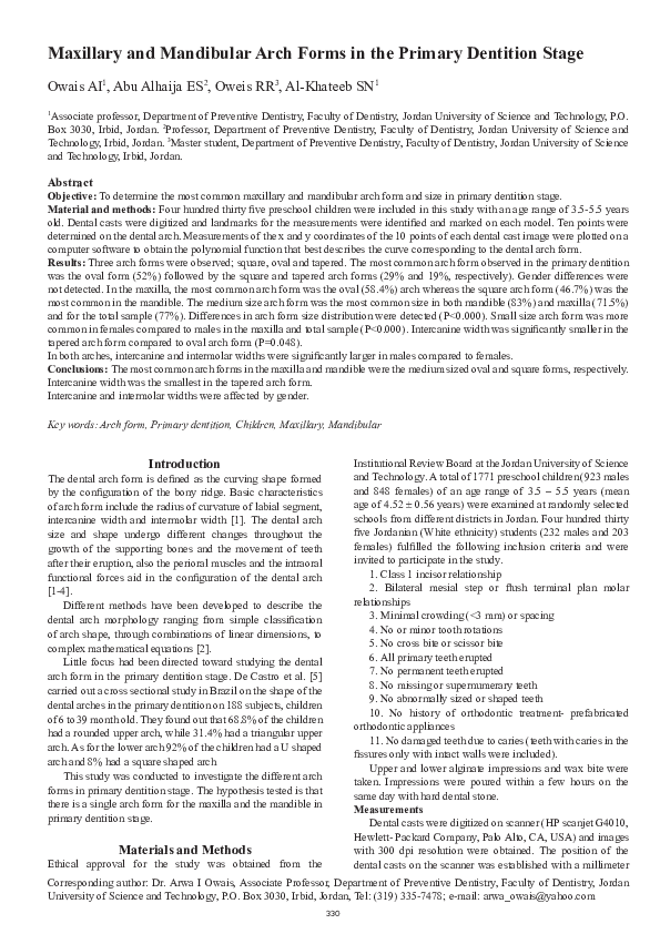 (PDF) Maxillary and mandibular arch forms in the primary dentition stage