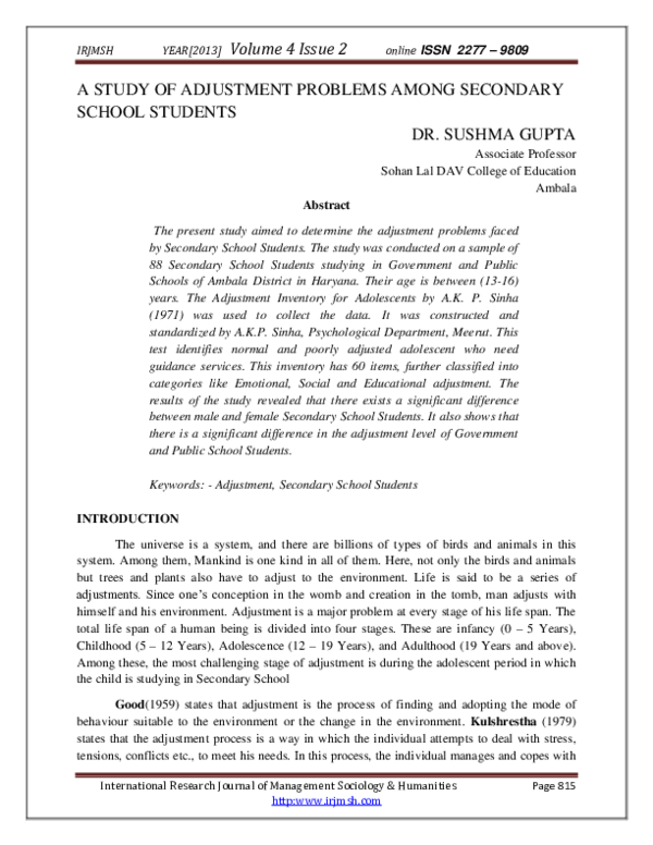 (PDF) A STUDY OF ADJUSTMENT PROBLEMS AMONG SECONDARY SCHOOL STUDENTS DR ...