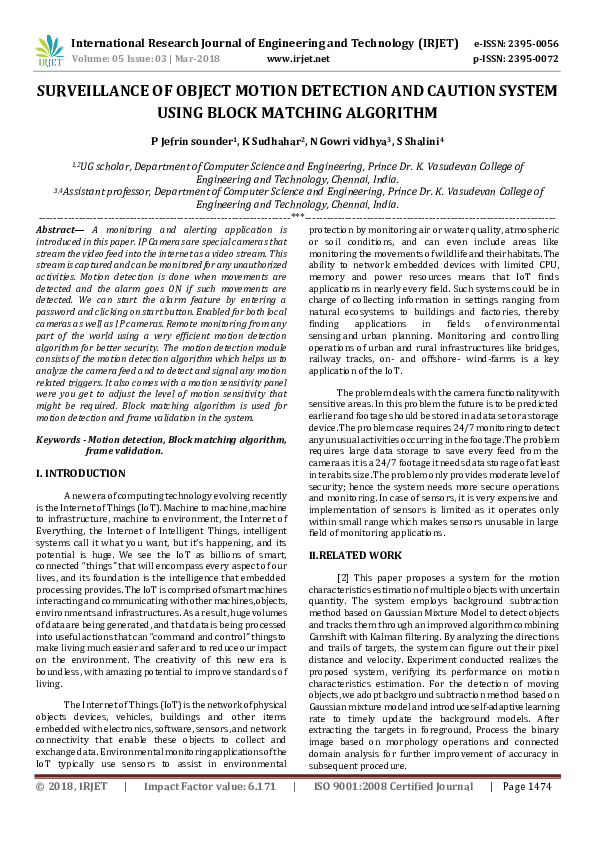 (PDF) Surveillance of Object Motion Detection and Caution System Using Block Matching Algorithm