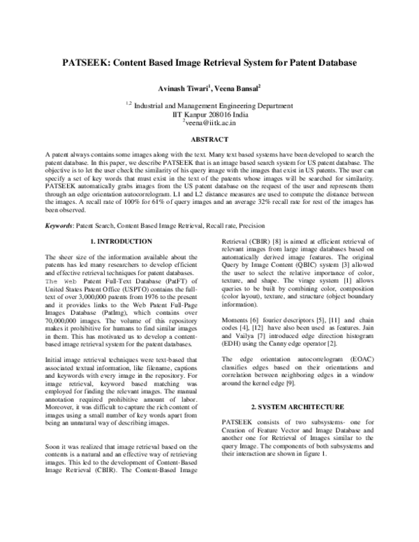 (PDF) PATSEEK: Content Based Image Retrieval System for Patent Database