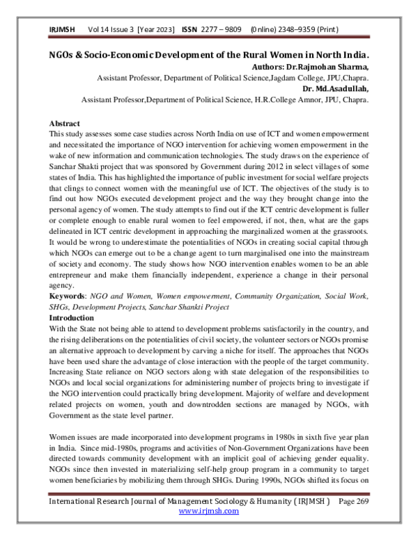(PDF) NGOs & Socio-Economic Development of the Rural Women in North India