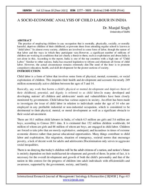 (PDF) A SOCIO-ECONOMIC ANALYSIS OF CHILD LABOUR IN INDIA