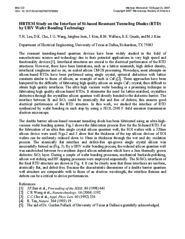 (PDF) HRTEM Study on the Interface of Si-based Resonant Tunneling Diodes (RTD) by UHV Wafer ...