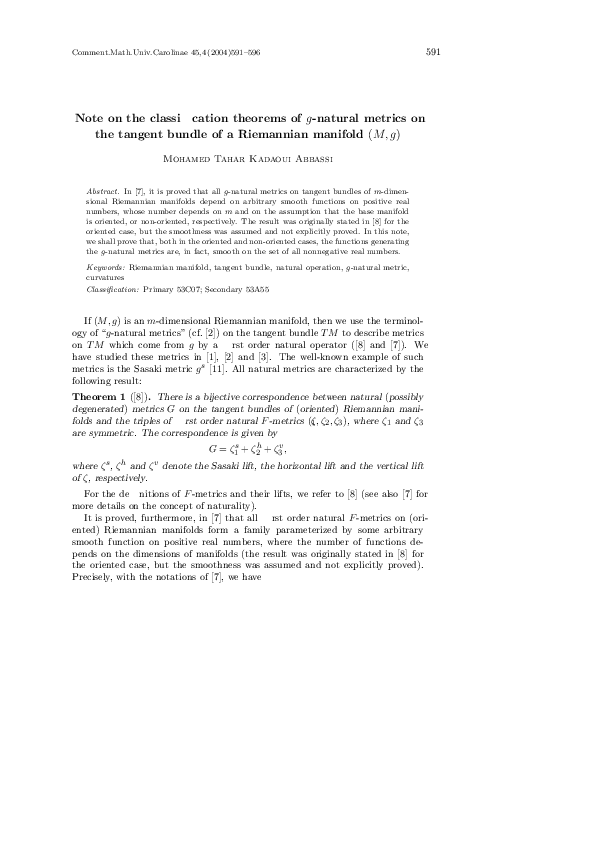 (PDF) Note on the classification theorems of g-natural metrics on the tangent bundle of a ...