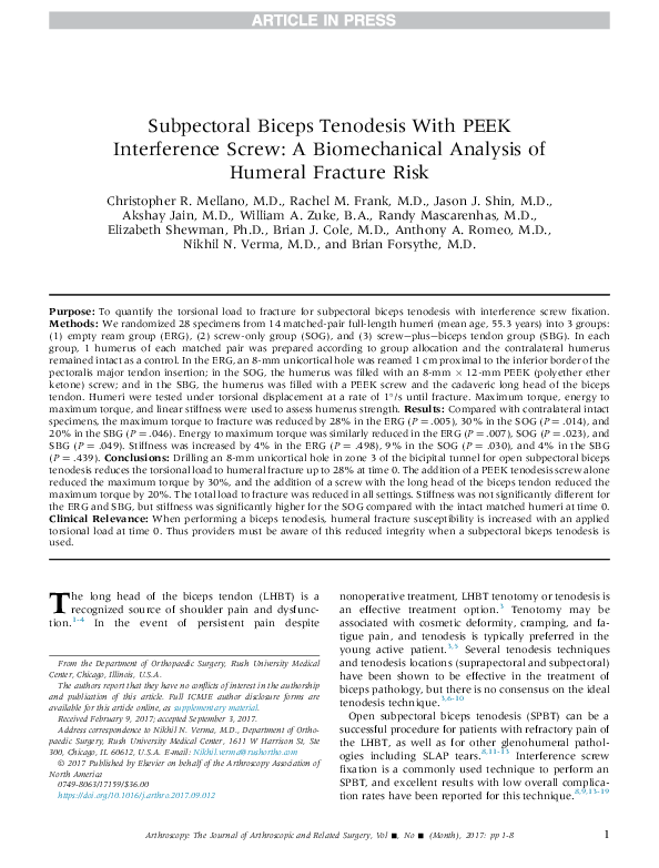 (PDF) Subpectoral Biceps Tenodesis With PEEK Interference Screw: A ...