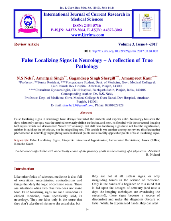 (PDF) False Localizing Signs in Neurology – A reflection of True Pathology