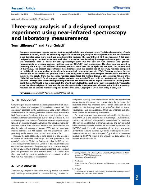 (PDF) Three-way analysis of a designed compost experiment using near-infrared spectroscopy and ...