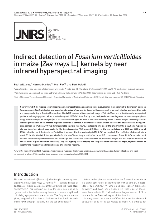(PDF) Indirect Detection of Fusarium Verticillioides in Maize (Zea mays L.) Kernels by near ...
