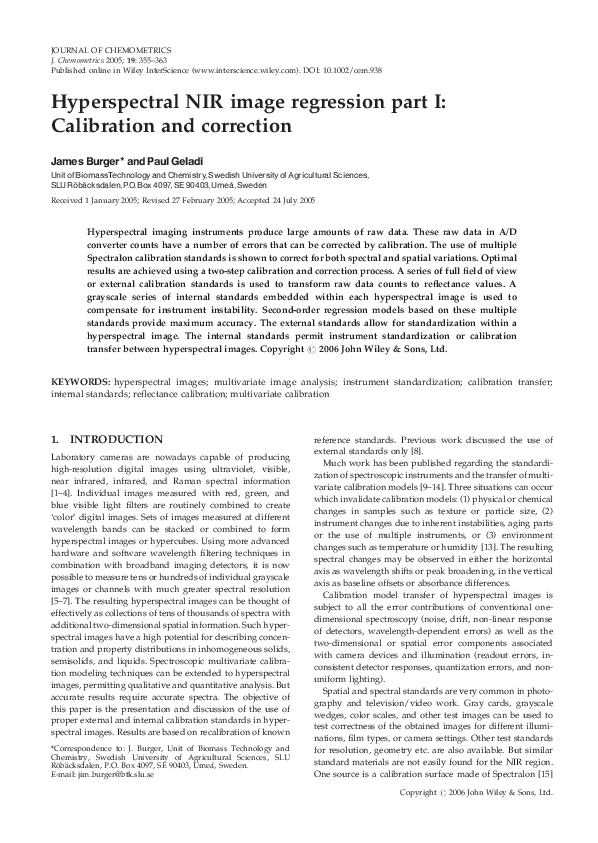 (PDF) Hyperspectral NIR image regression part I: calibration and correction