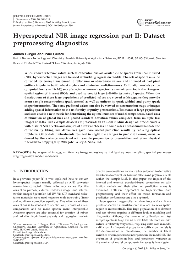 Pdf Hyperspectral Nir Image Regression Part Ii Dataset Preprocessing