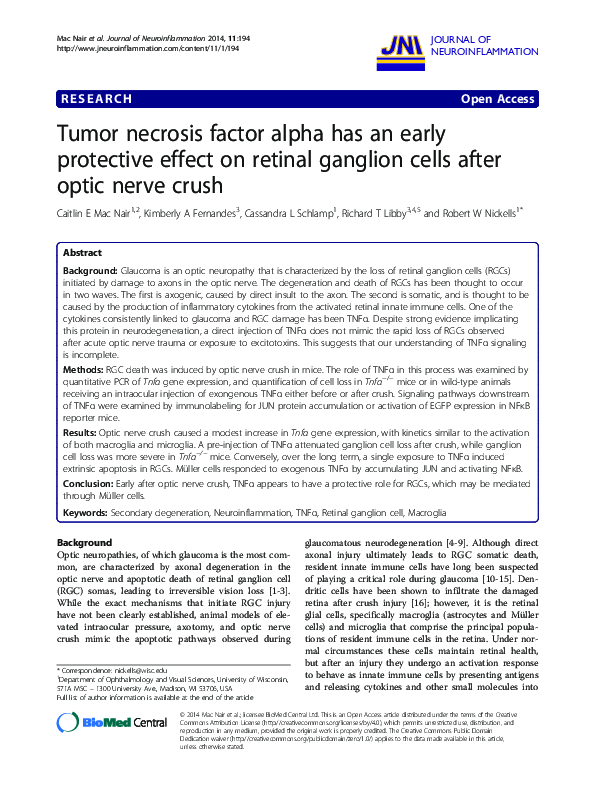 (PDF) Tumor necrosis factor alpha has an early protective effect on retinal ganglion cells after ...