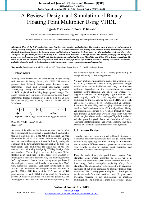 Pdf A Review Design And Simulation Of Binary Floating Point Multiplier Using Vhdl