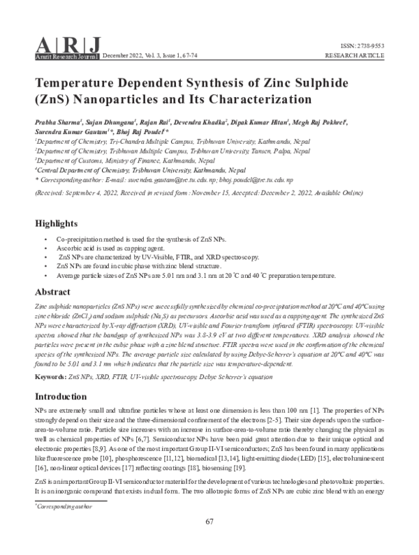 (PDF) Temp-Dependent Synthesis of ZnS Nanoparticles