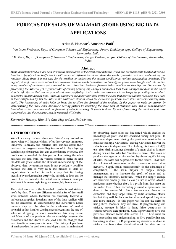 (PDF) Forecast of Sales of Walmart Store Using Big Data Applications