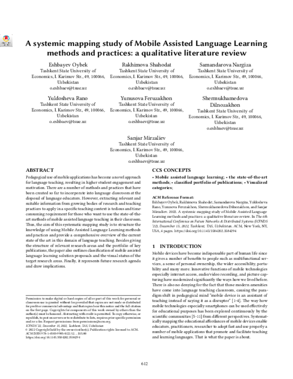 (PDF) A systemic mapping study of Mobile Assisted Language Learning methods and practices: a ...