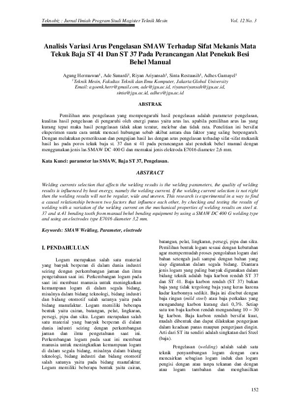 (PDF) Analisis Variasi Arus Pengelasan SMAW Terhadap Sifat Mekanis Mata Tekuk Baja ST 41 Dan ST ...